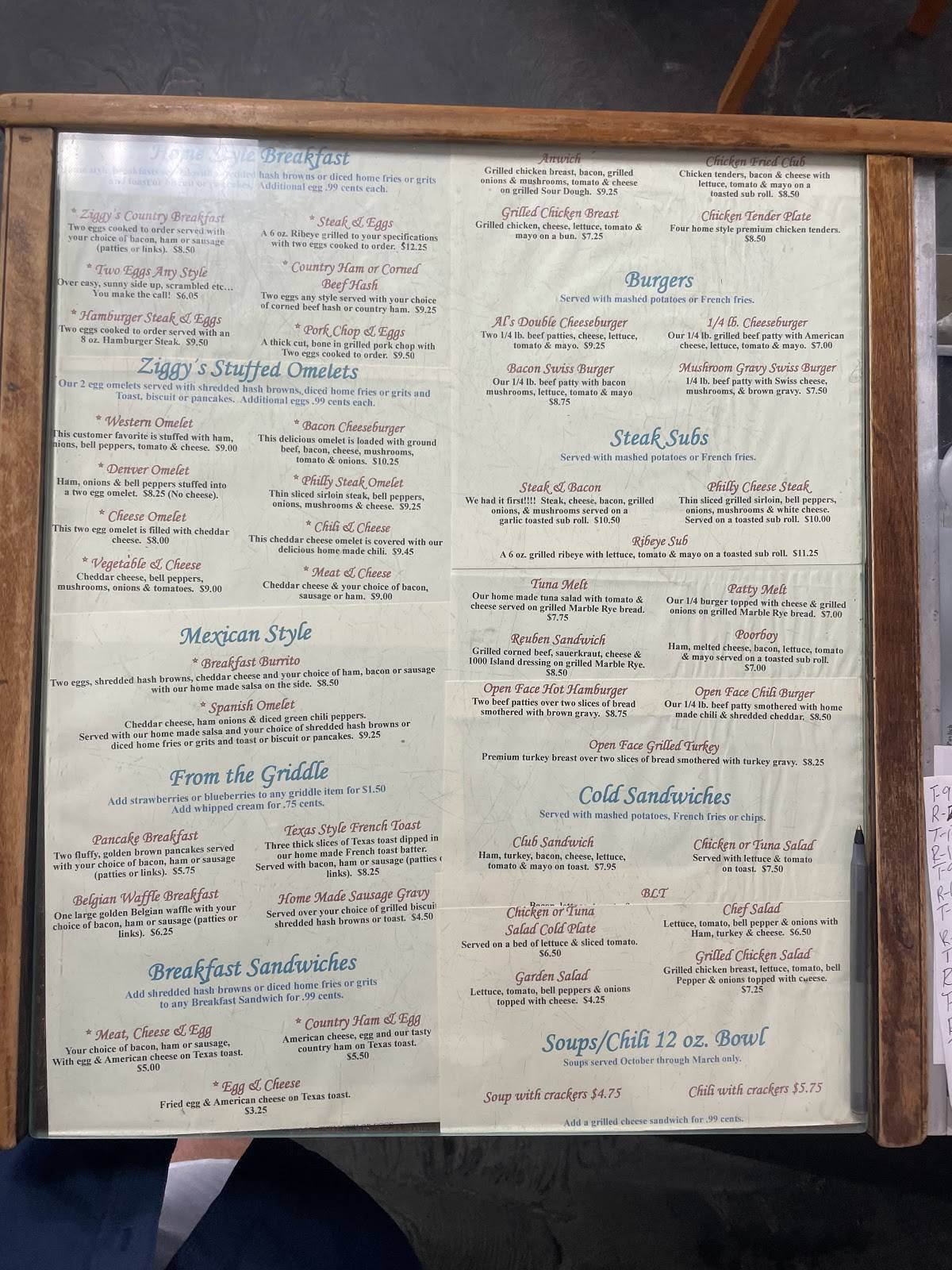 Menu at Ziggy's Cafe, Havelock, 462 U.S. Hwy 70 W