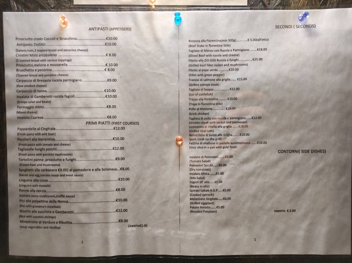 Menu at Zio Gigi restaurant, Florence