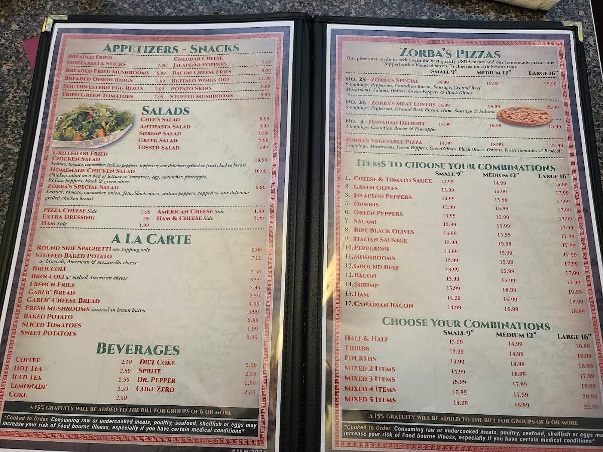 Menu at Zorba's restaurant, Cedartown