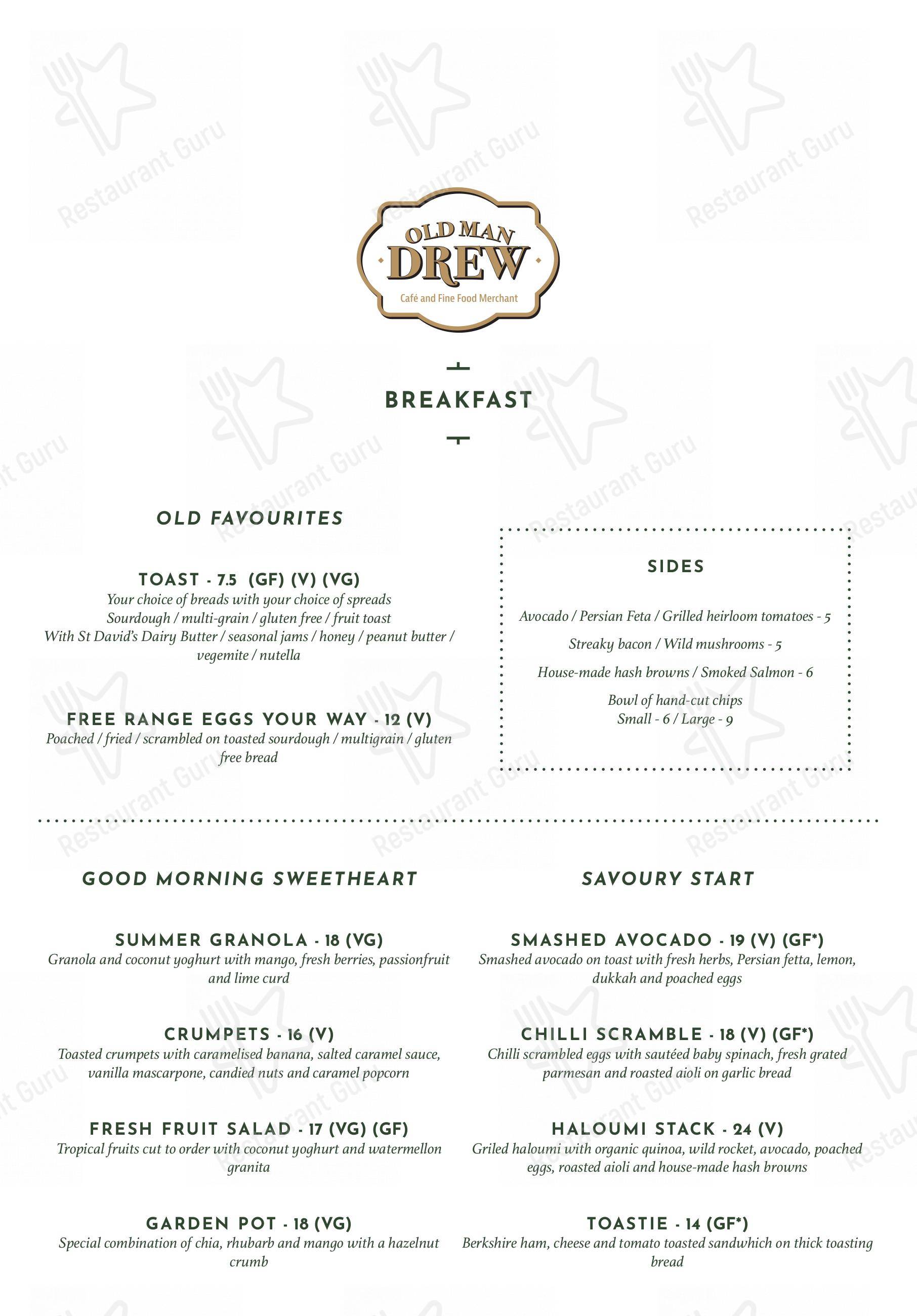 Menu at Old Man Drew cafe, Ascot Vale