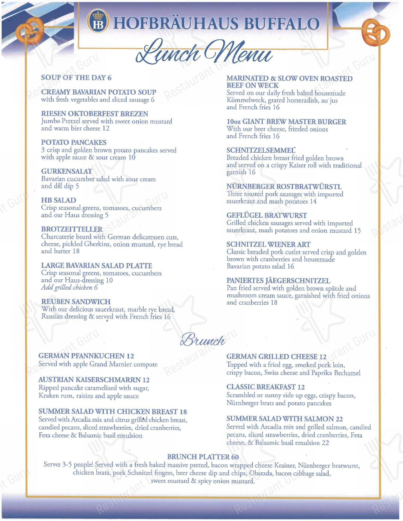 Menu at Hofbräuhaus Buffalo restaurant, Buffalo