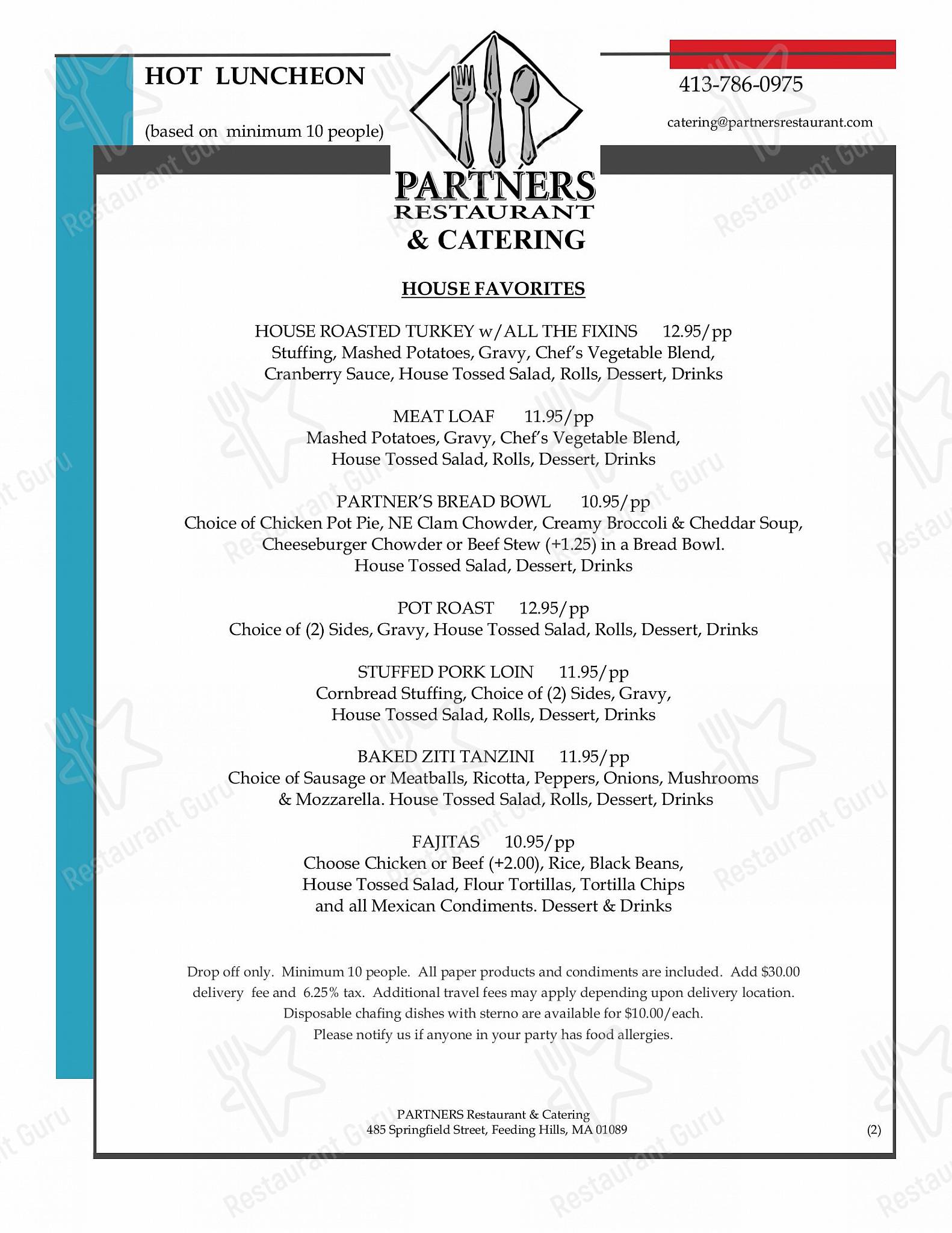 Menu at Partners Restaurant & Catering, Agawam