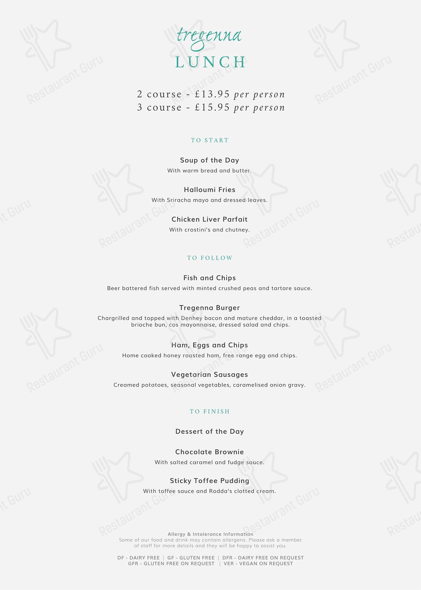 Menu at Tregenna Castle Brasserie restaurant, Saint Ives