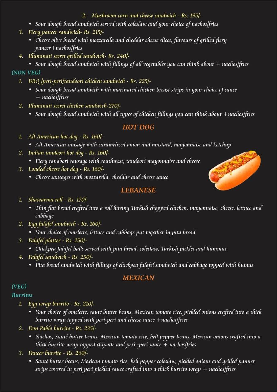 Menu at illuminati-the food mystery, New Delhi