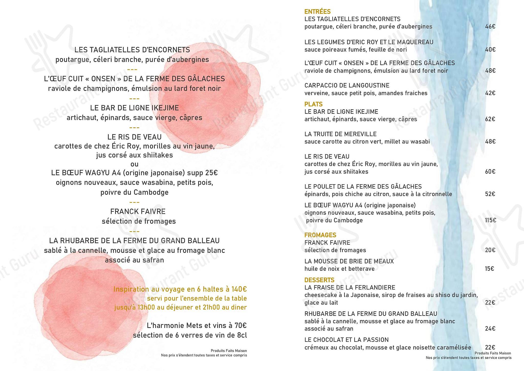 Menu au L'Axel Restaurant, Fontainebleau, 43 Rue de France