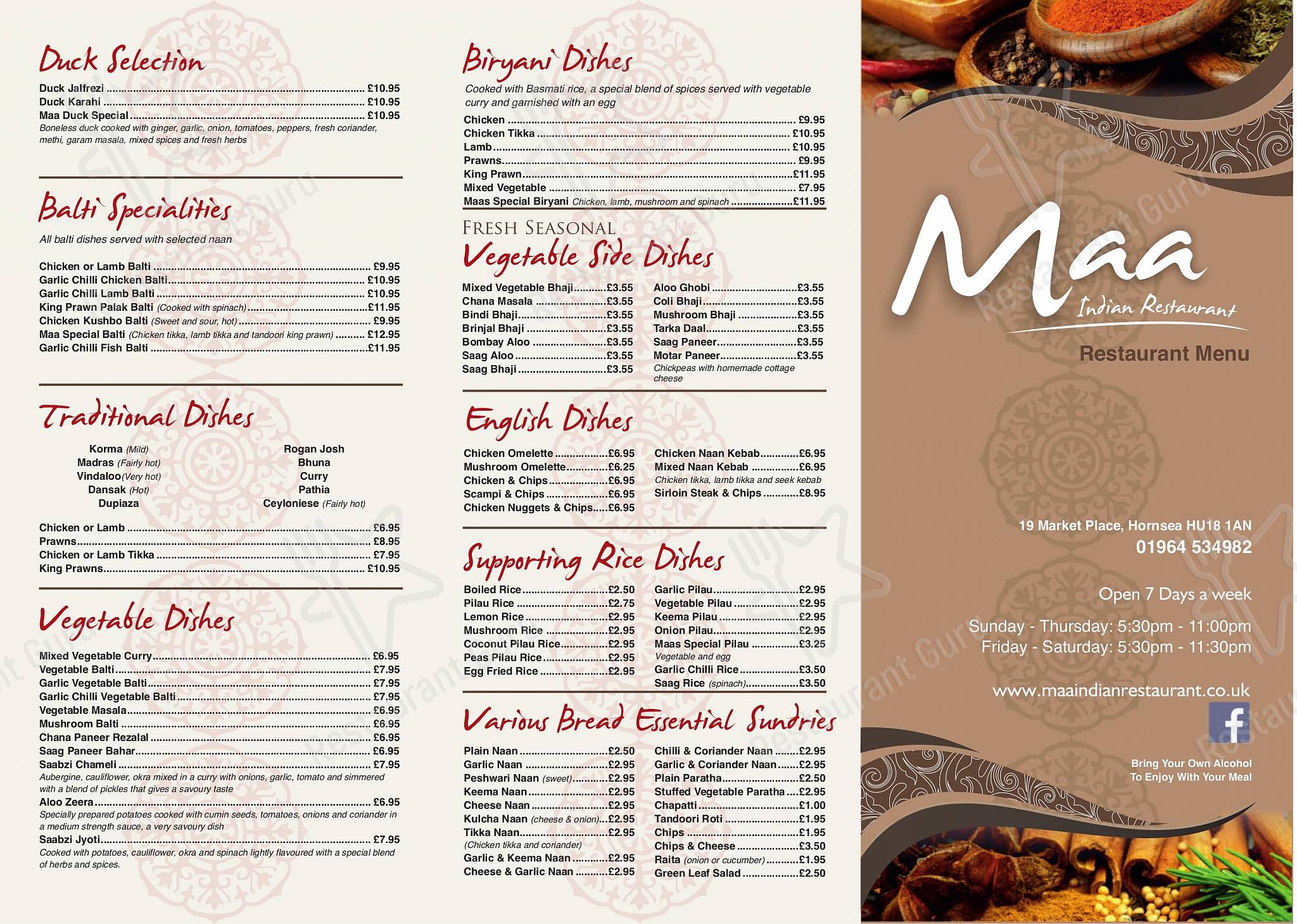 Menu at Maa Indian Restaurant and Takeaway, Hornsea