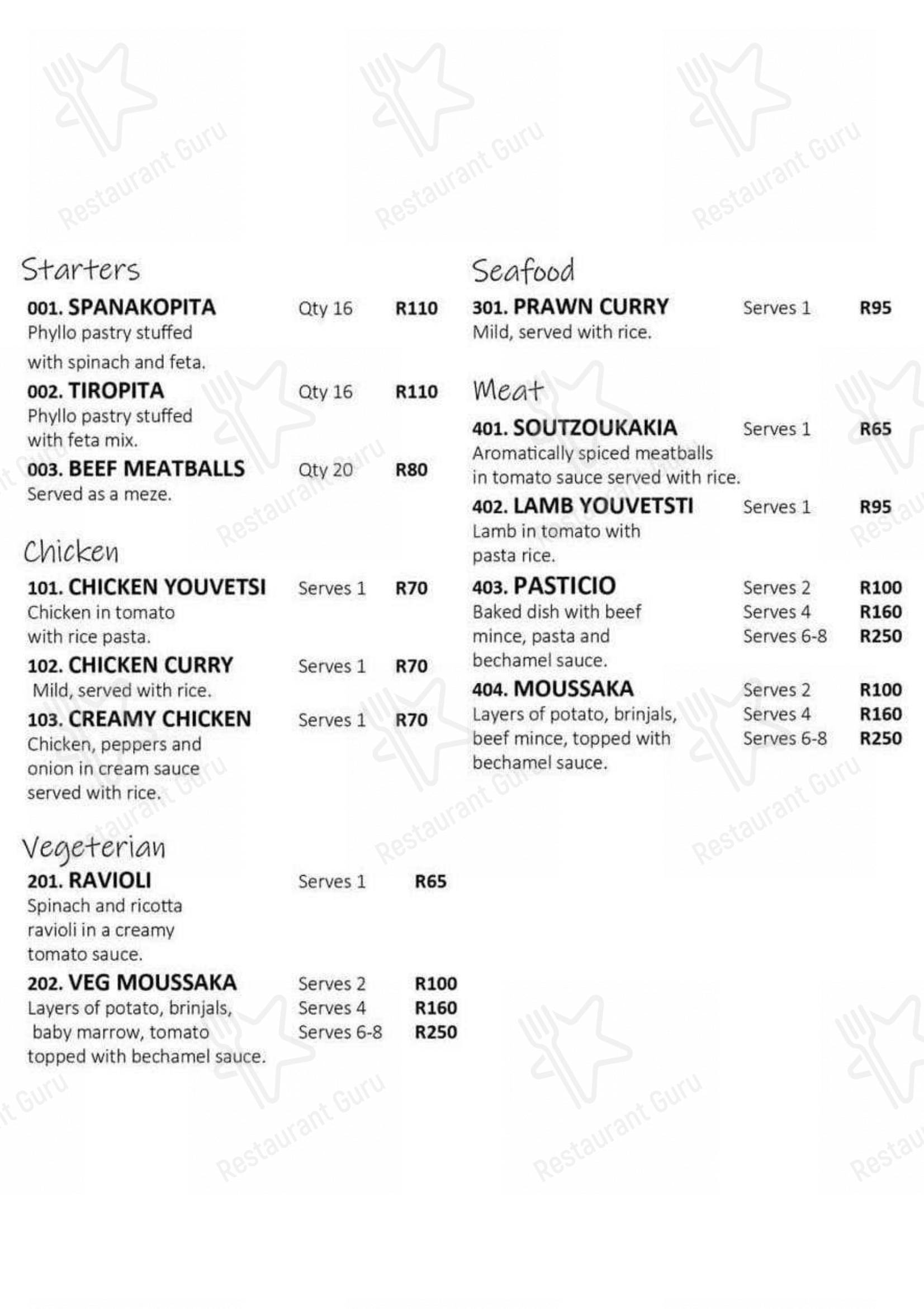 Menu at The Greek Club Restaurant, Cape Town
