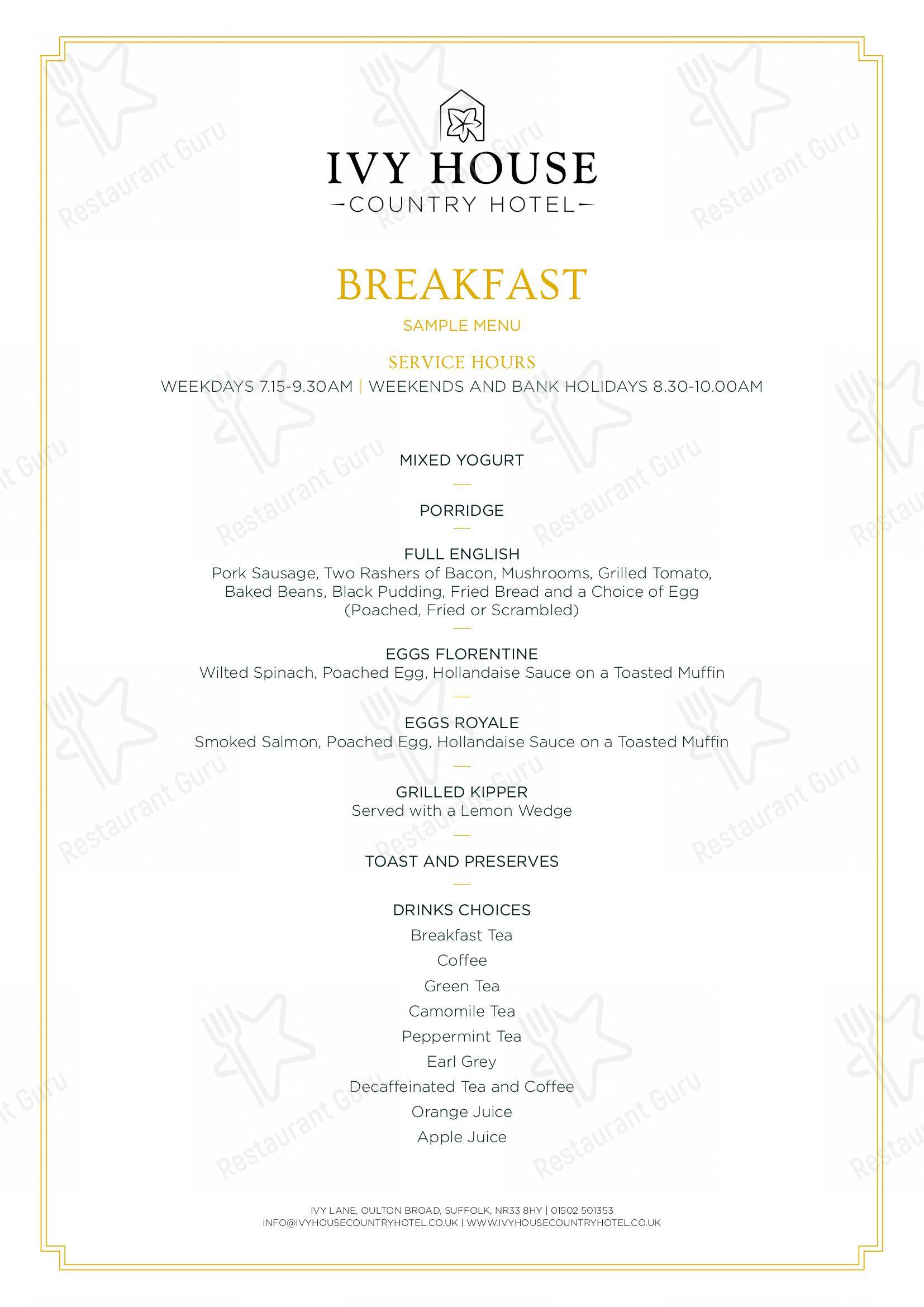 Menu at Ivy House Country Hotel restaurant, Lowestoft