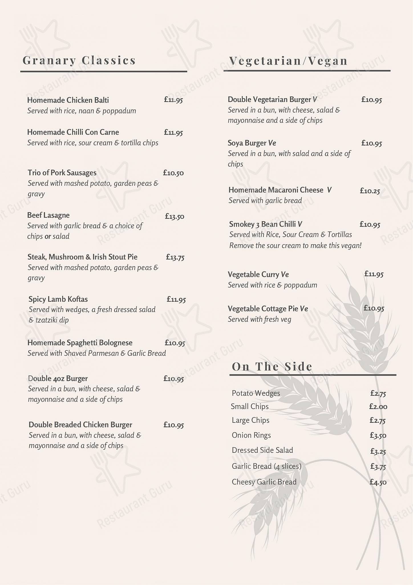 Menu at The Granary Restaurant, West Mersea