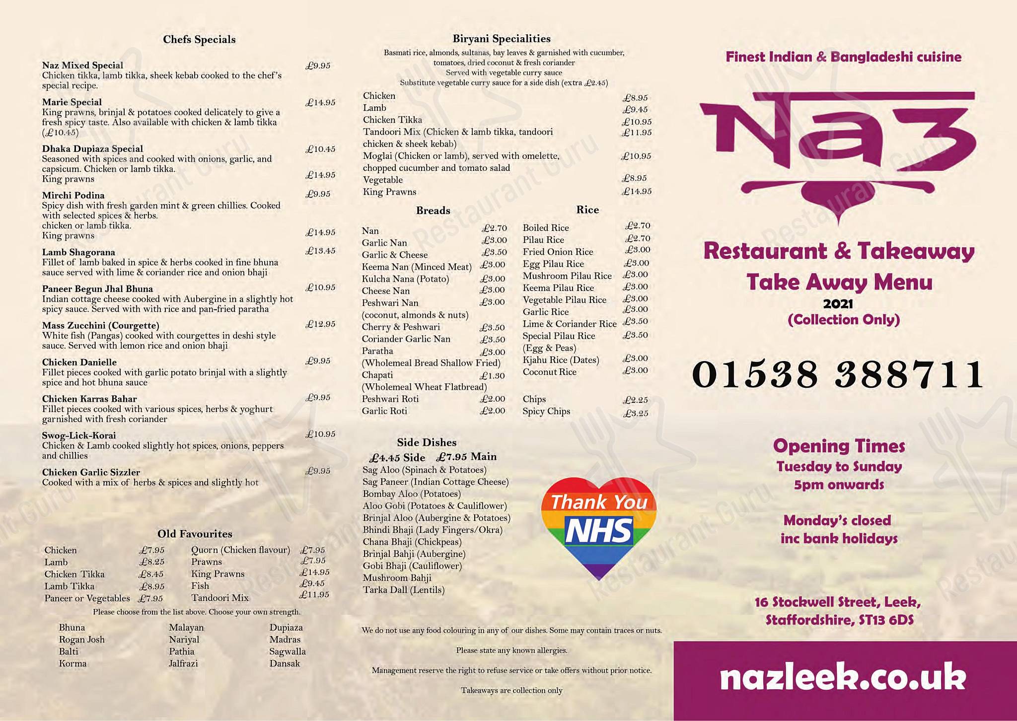 Menu at Naz Restaurant & Takeaway, Leek