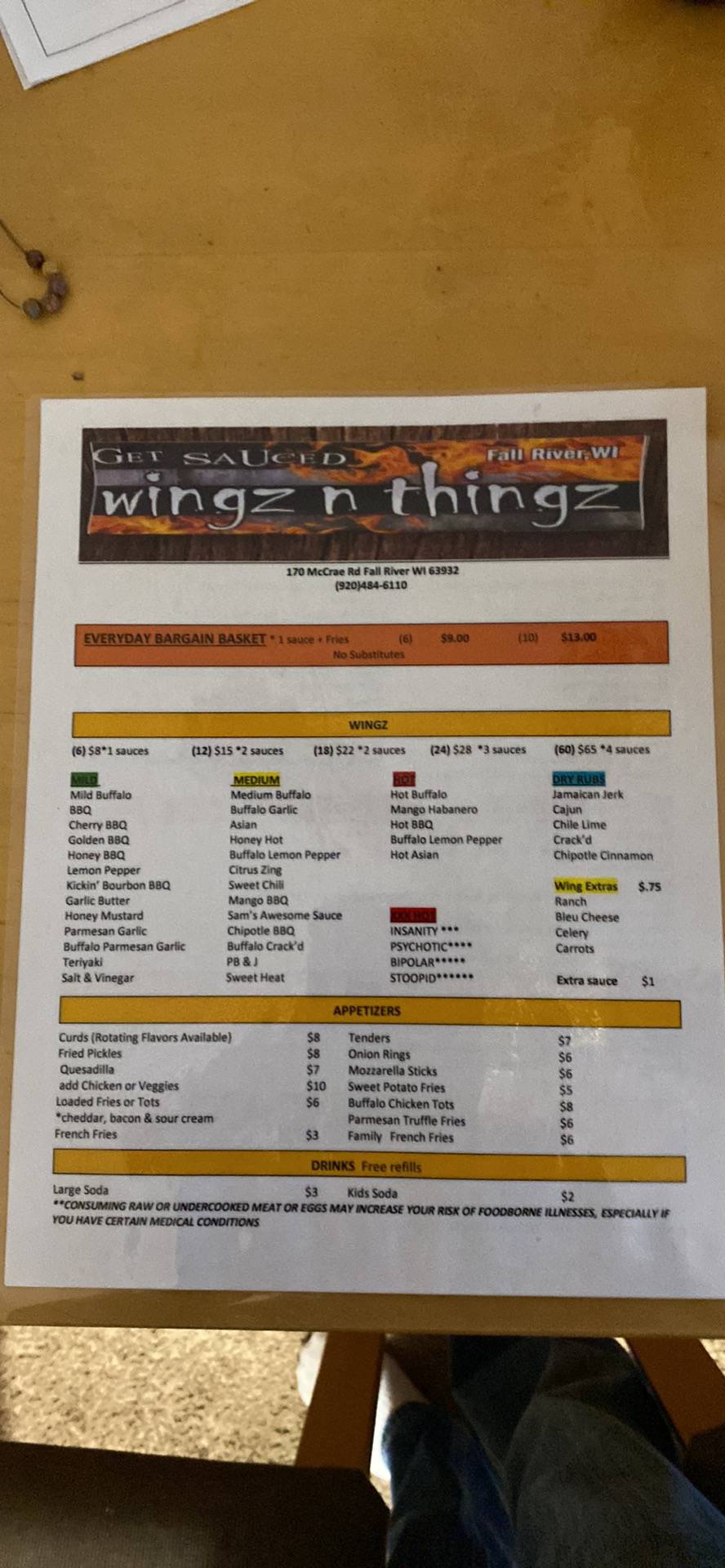 Menu at wingz n thingz pub & bar, Fall River