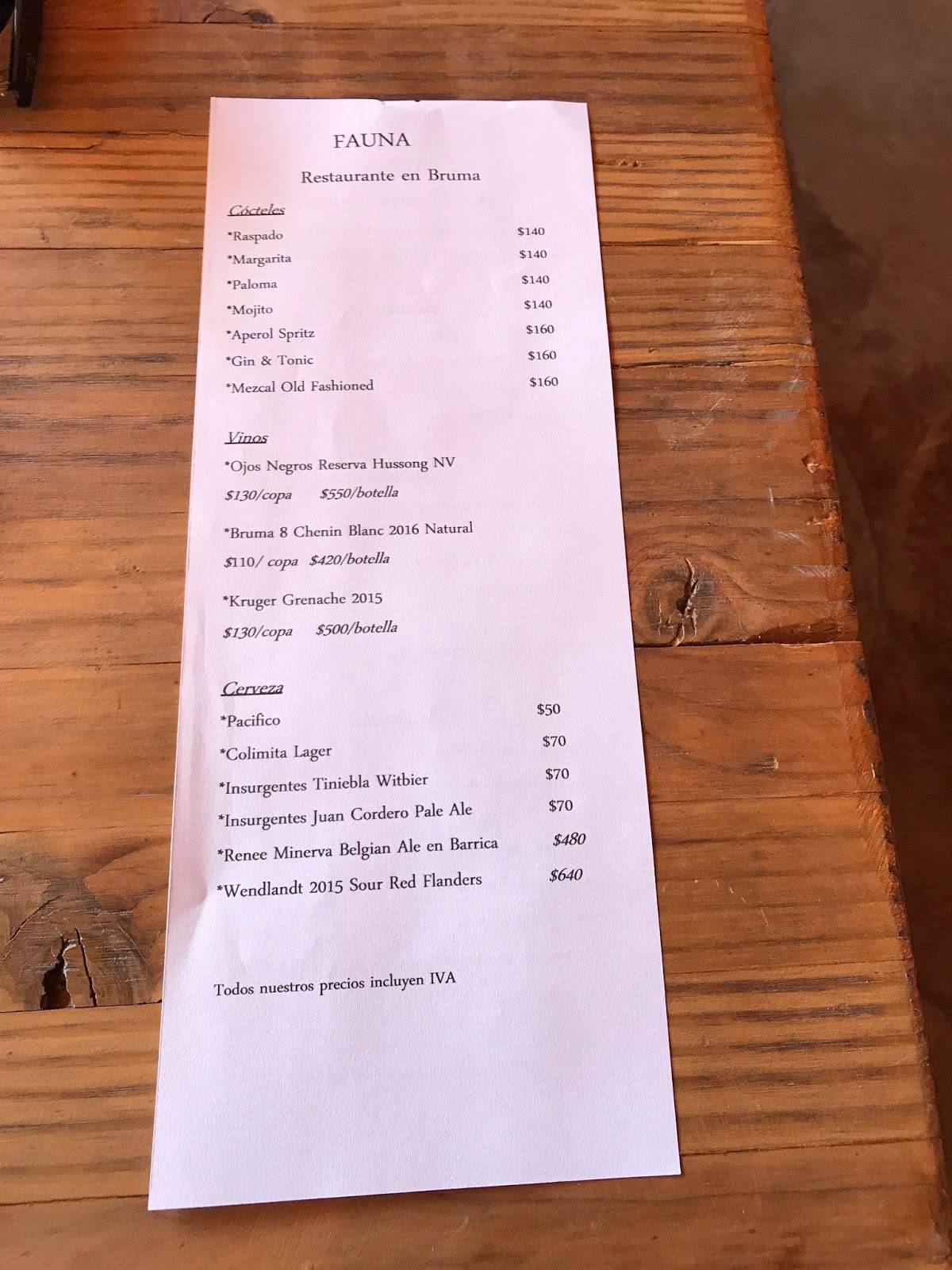 Carta del restaurante Fauna, Mexico