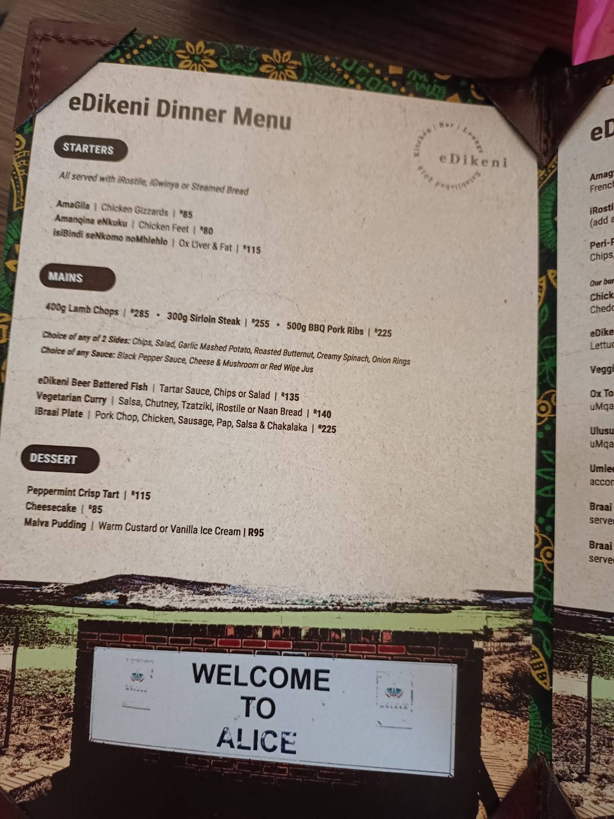 Menu at eDikeni Gqeberha restaurant, South Africa