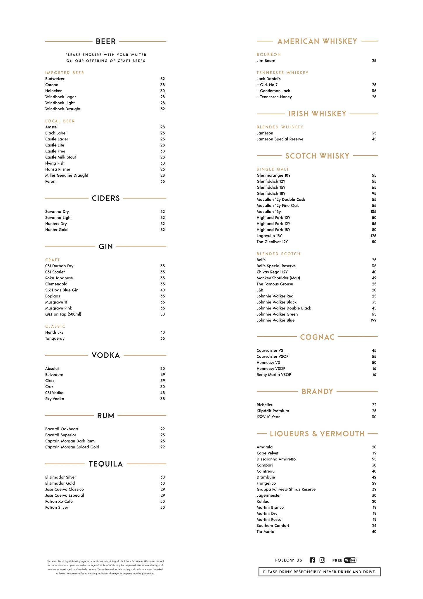 Menu at 1904 Bistro Américain restaurant, Kloof
