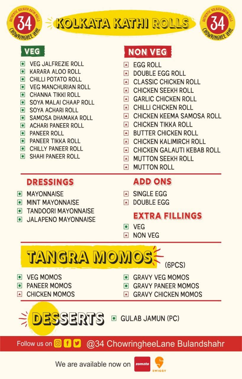 Menu at 34 Chowringhee Lane, Bulandshahr