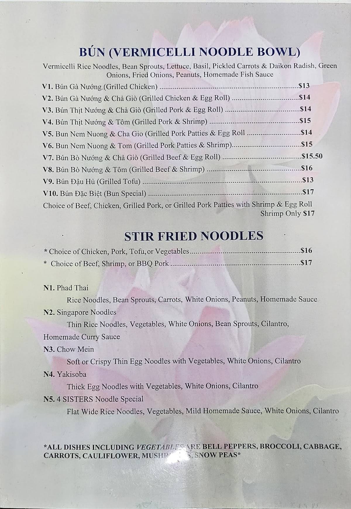 Menu at 4 Sisters Pho restaurant, Bremerton