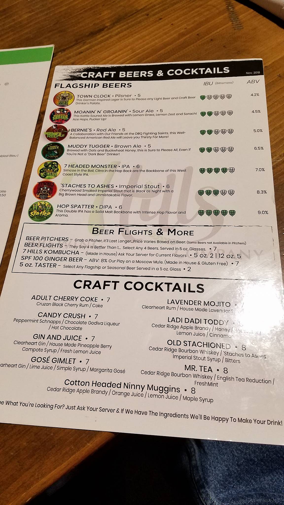 Menu at 7 Hills Brewing Company pub & bar, Dubuque