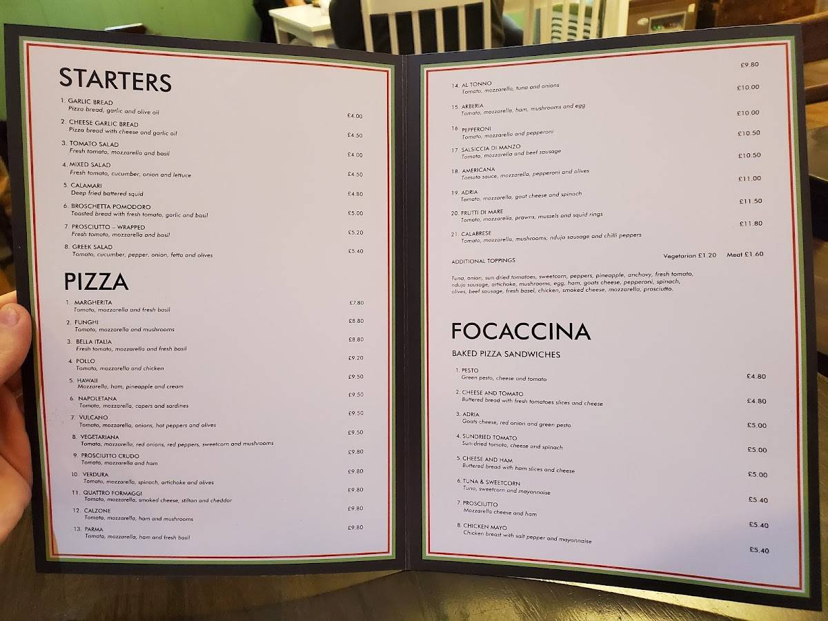 Menu at ADRIA Ristorante Pizzeria, Oxford