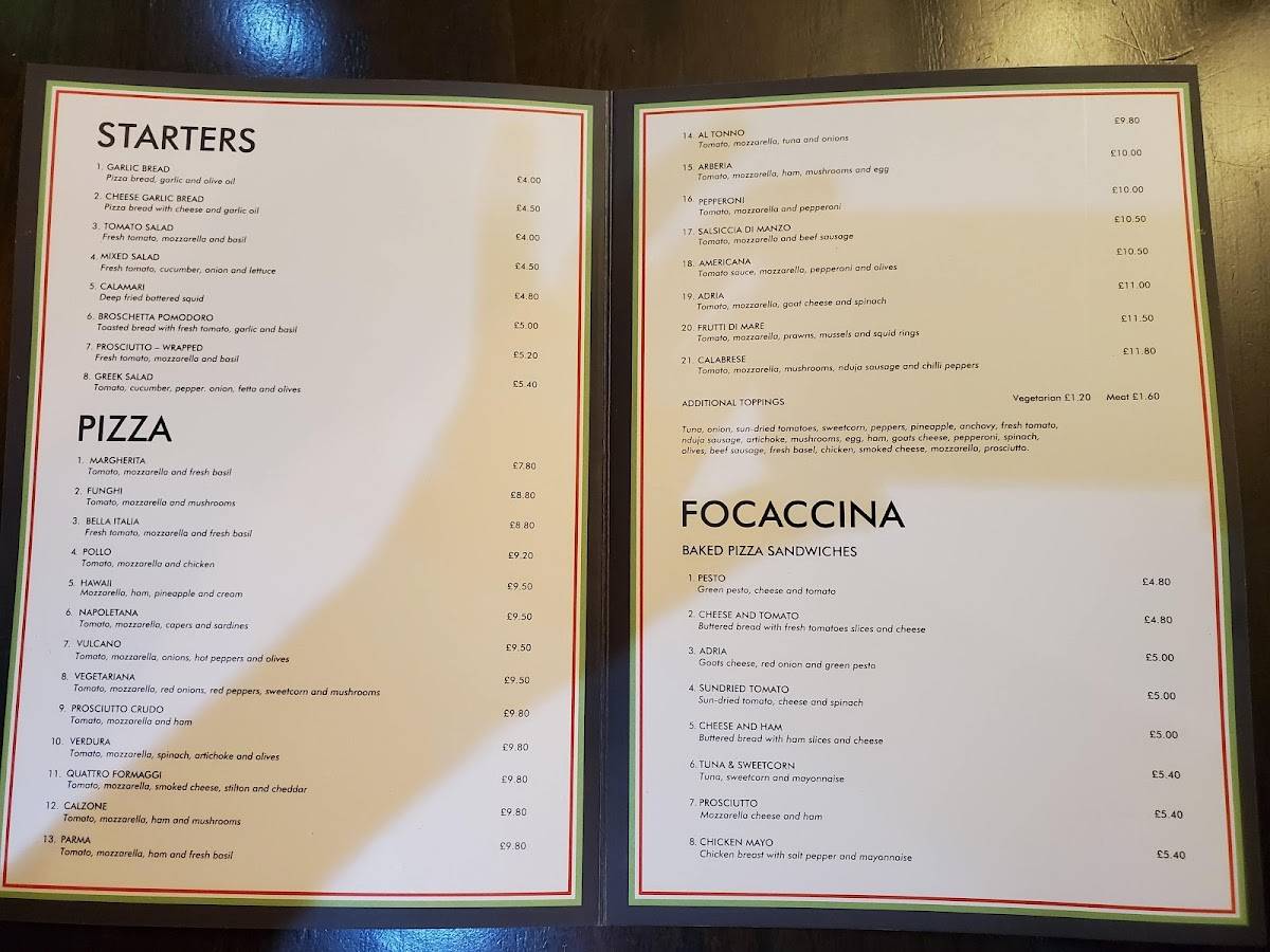 Menu at ADRIA Ristorante Pizzeria, Oxford