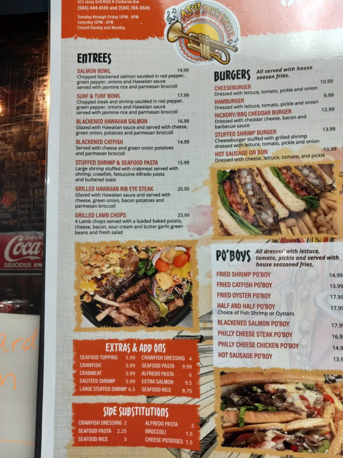 Menu at AJ’s Jazzy Grill restaurant, New Orleans