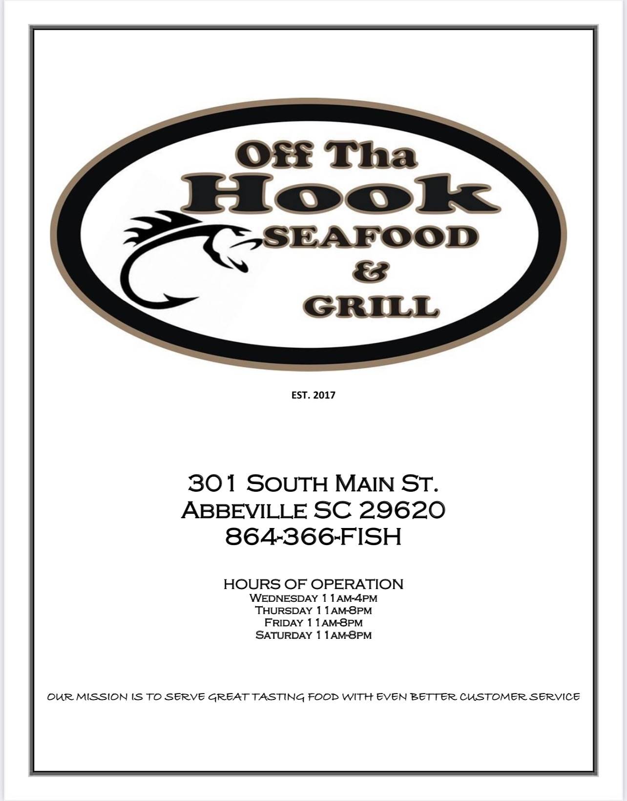 Menu at Off Tha Hook Seafood and Grill restaurant, Abbeville