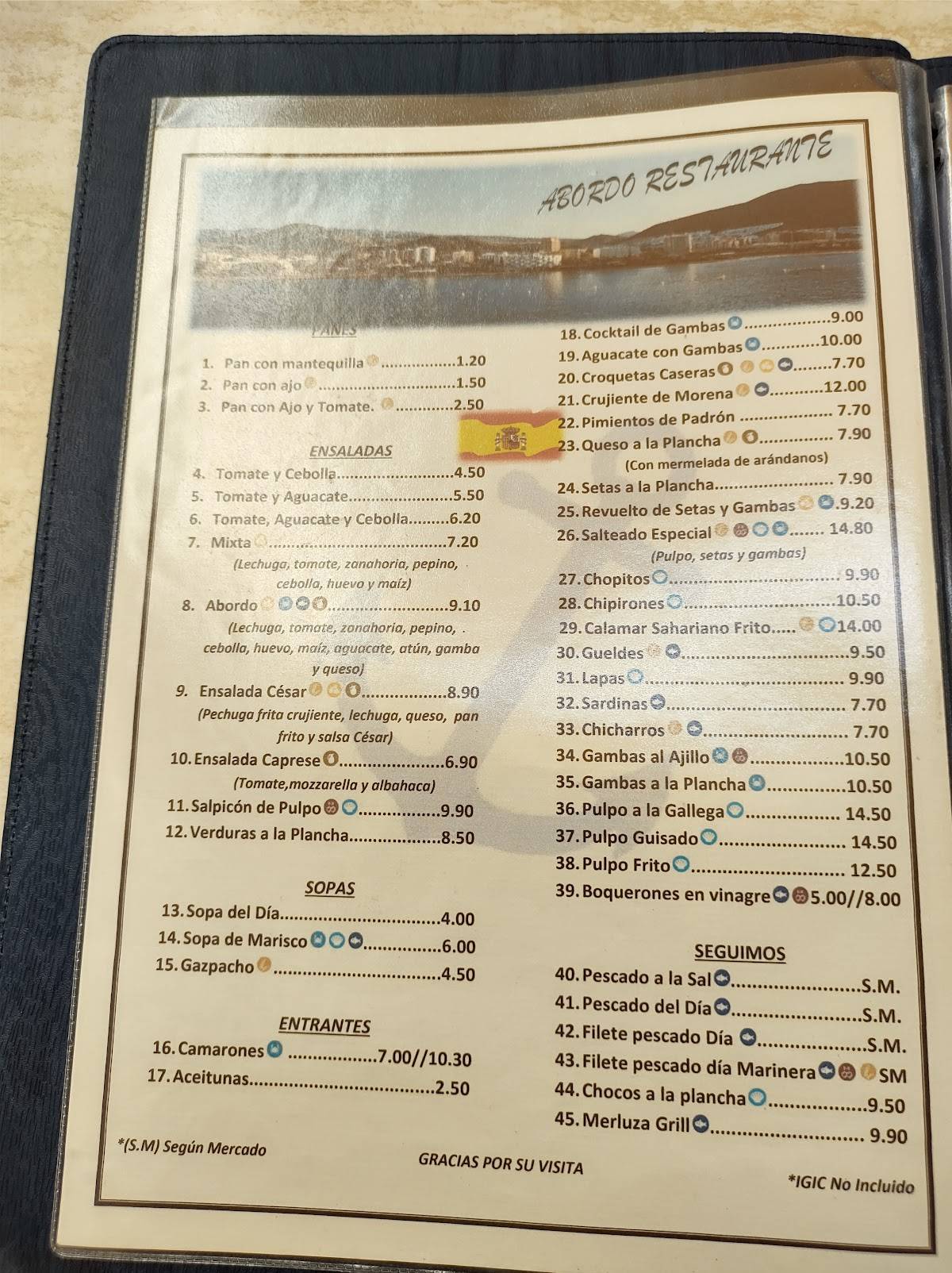 Menu at Abordo restaurant, Los Cristianos, C. Juan Bariajo