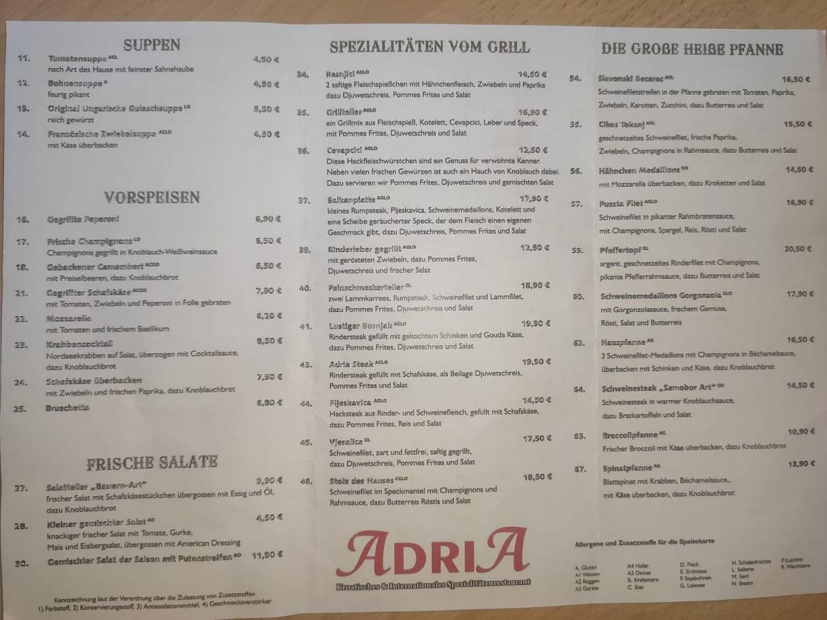 Speisekarte von Adria - Magdeburg restaurant, Magdeburg