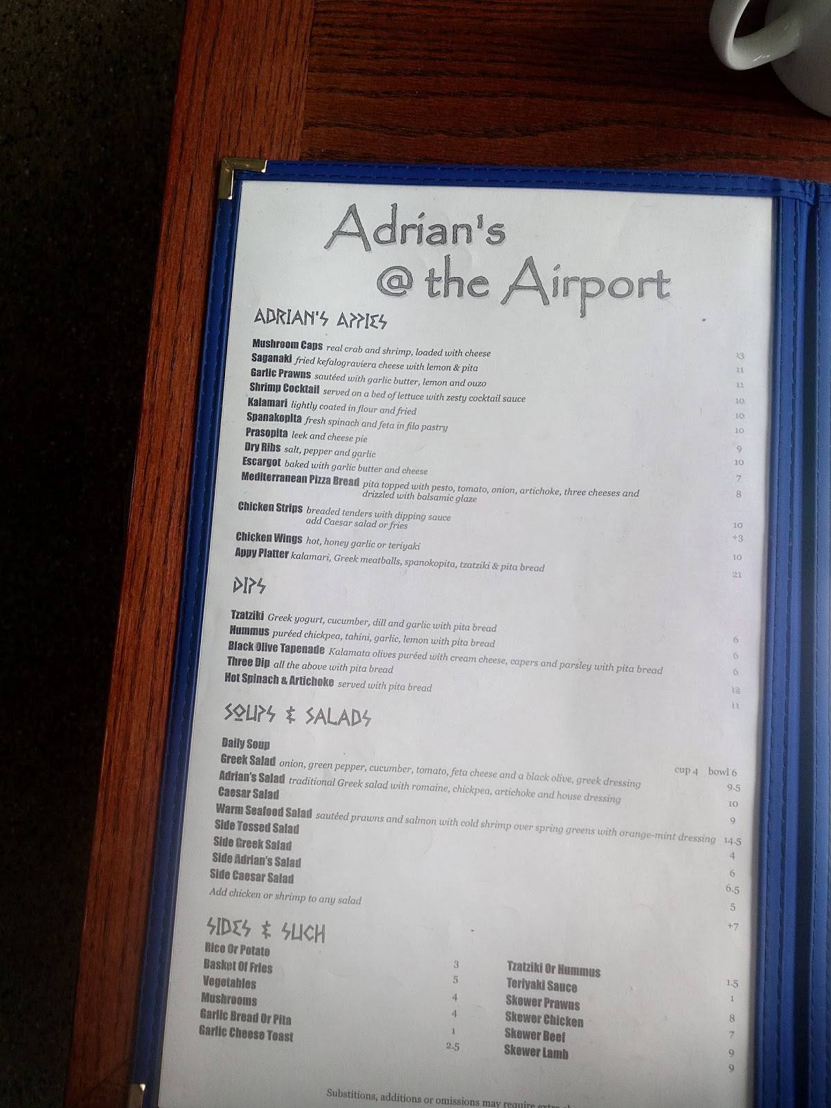 Menu at Adrian's At The Airport restaurant, Langley Township