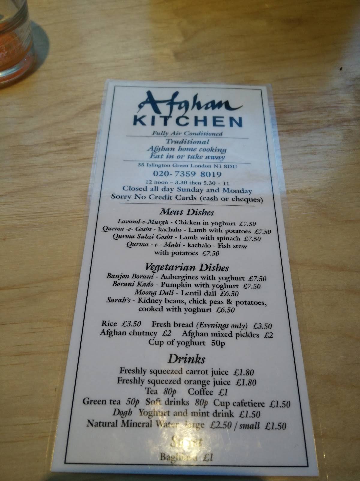 Menu at Afghan Kitchen restaurant, London, 35 Islington Grn