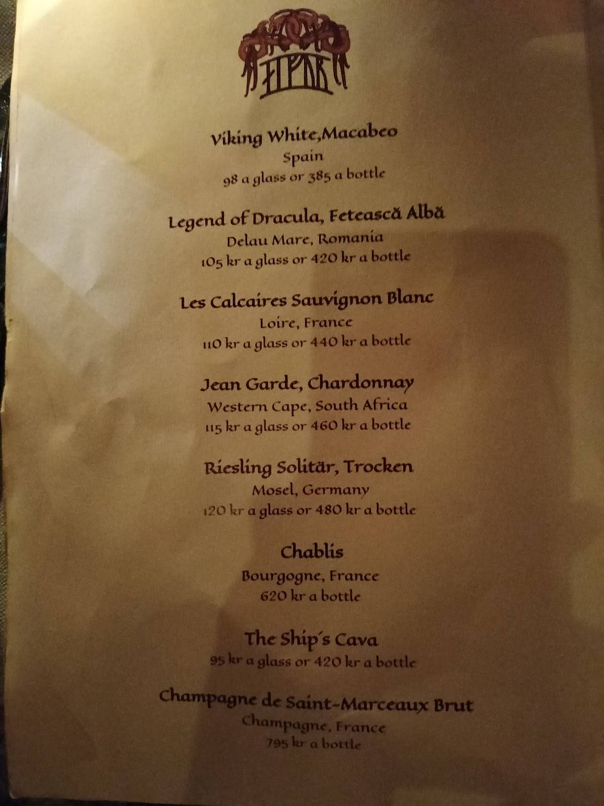 Menu at Aifur restaurant, Stockholm, Västerlånggatan 68b
