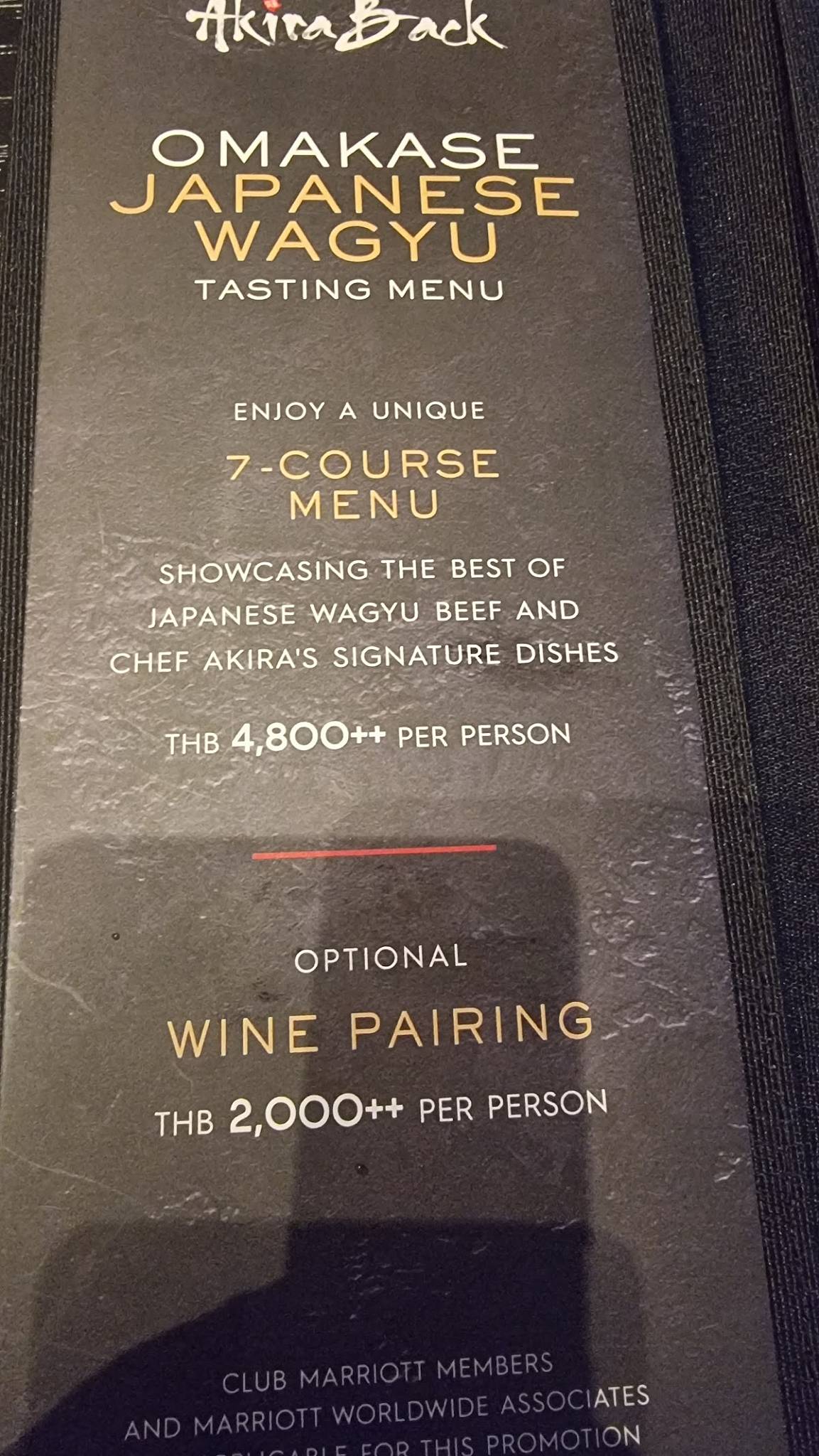 Menu at Akira Back restaurant, Bangkok
