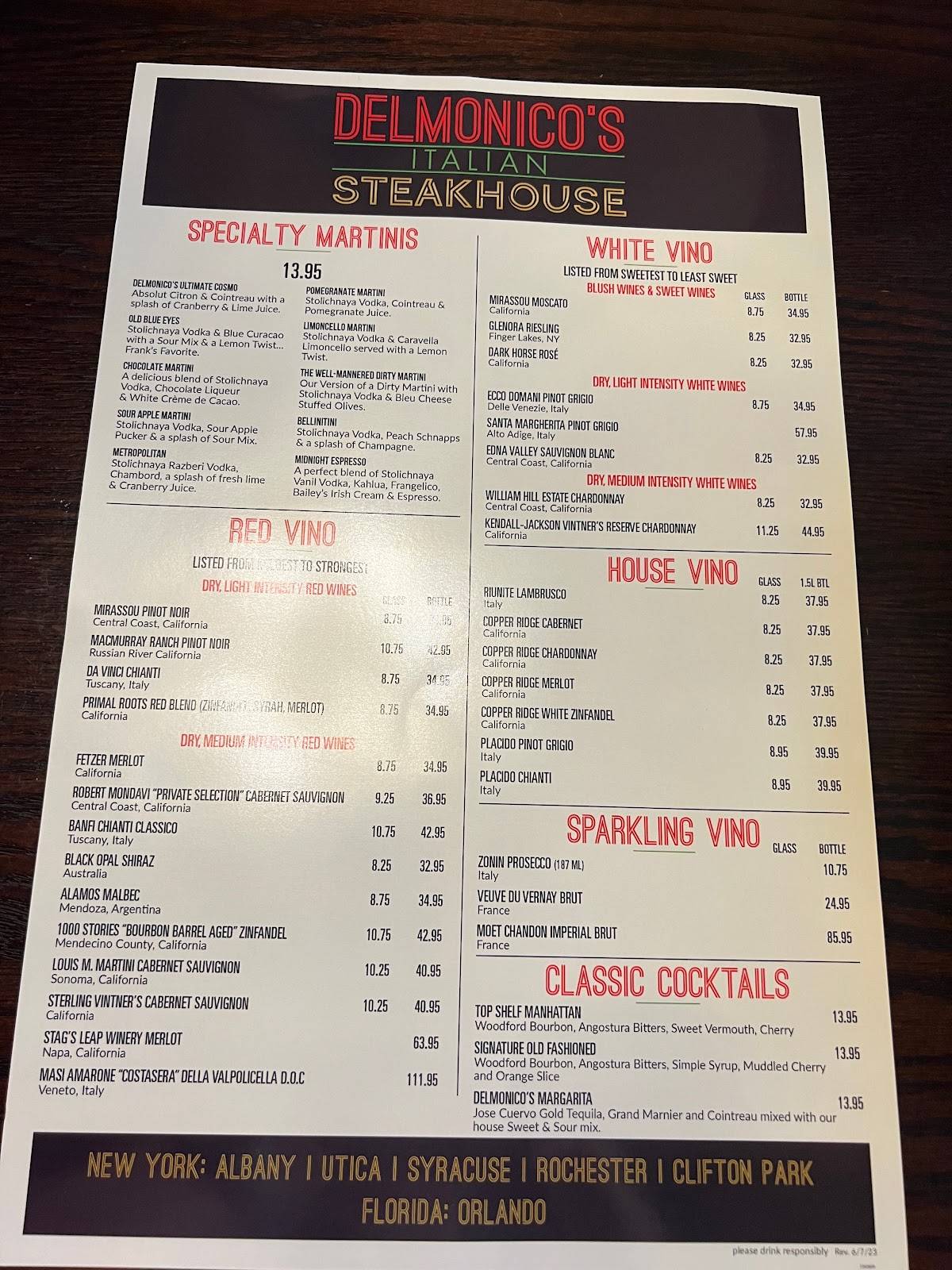 Menu at Delmonico's Italian Steakhouse, Albany