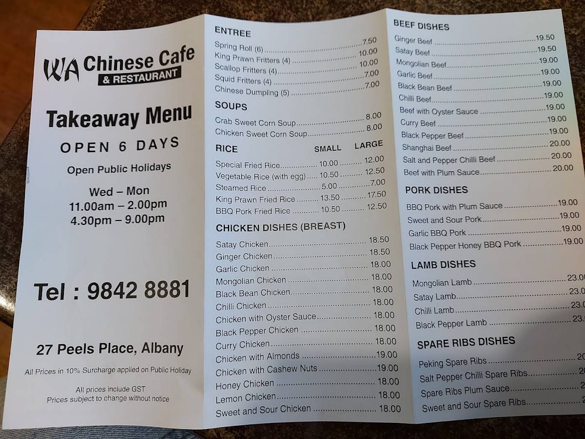 Menu at WA Chinese Café & Restaurant, Albany