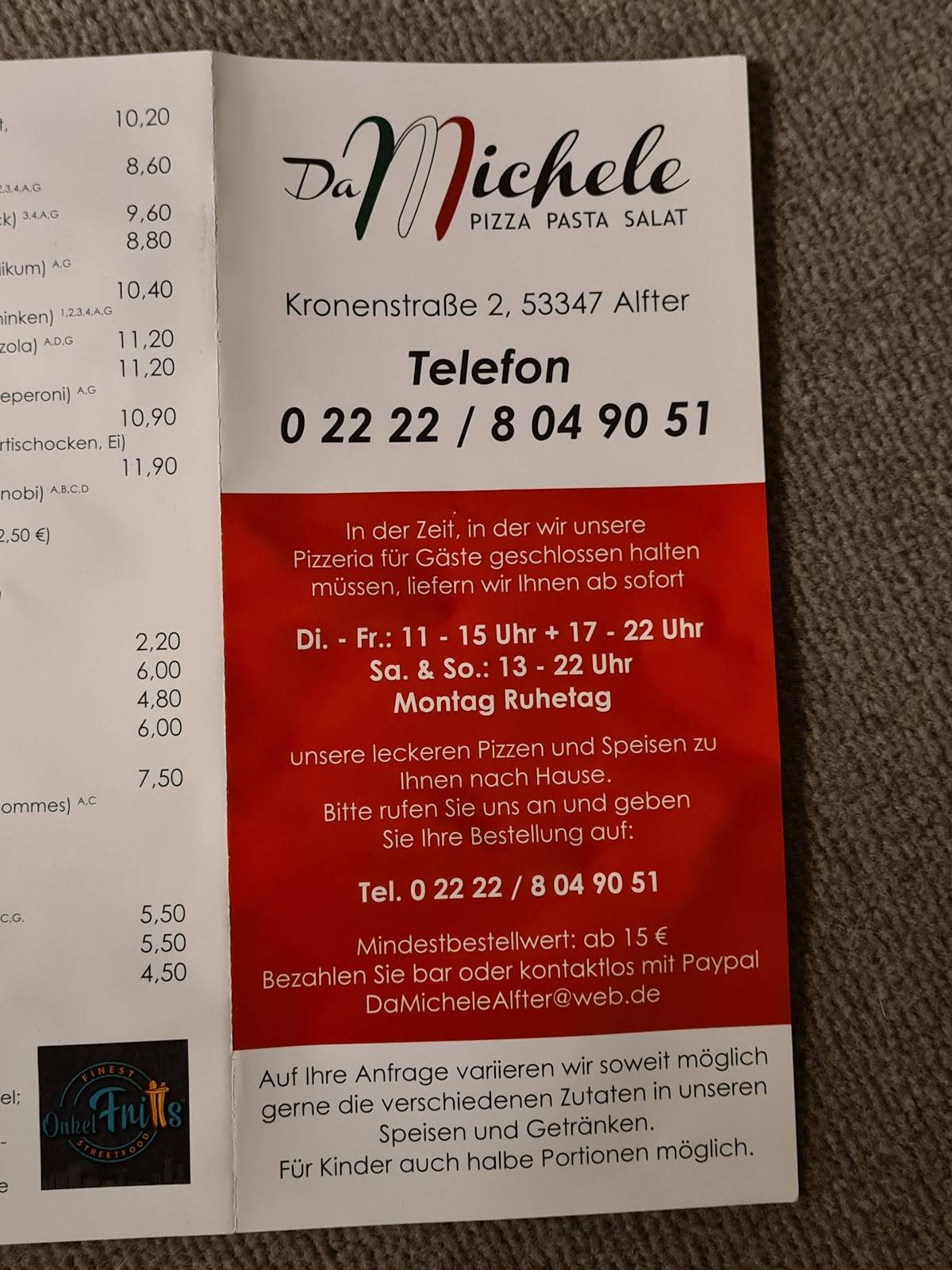 Speisekarte von Da Michele pizza, Alfter