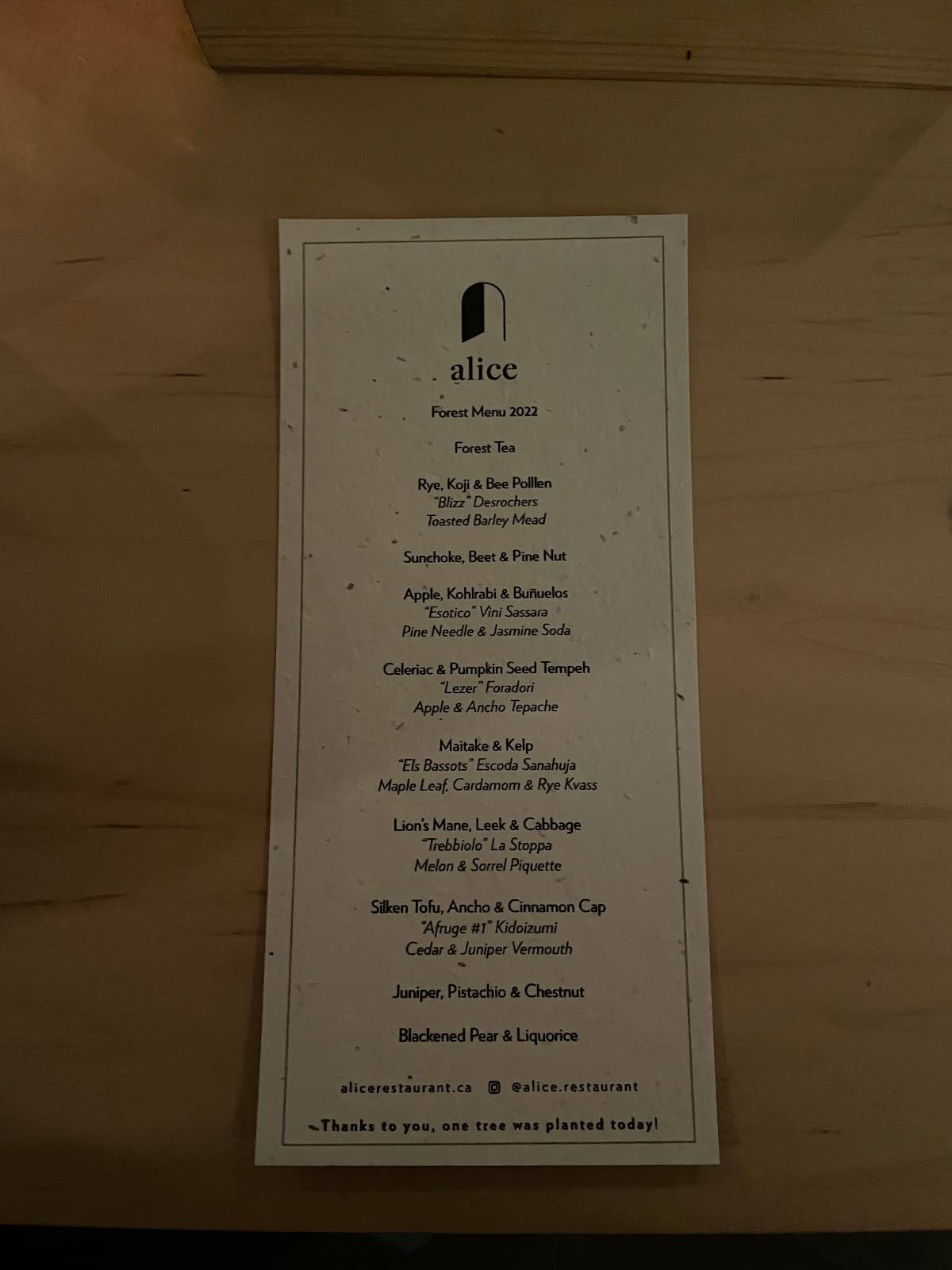 Menu at Alice restaurant, Ottawa