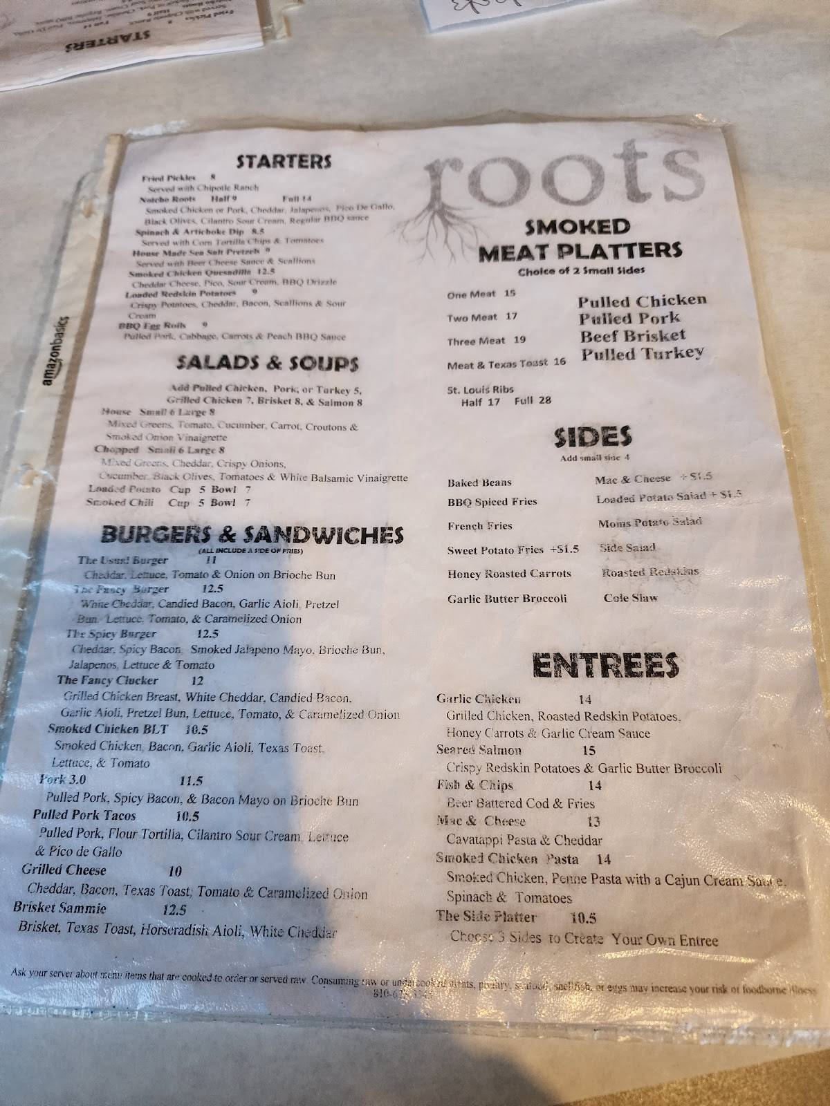 Menu at Roots BBQ, Almont
