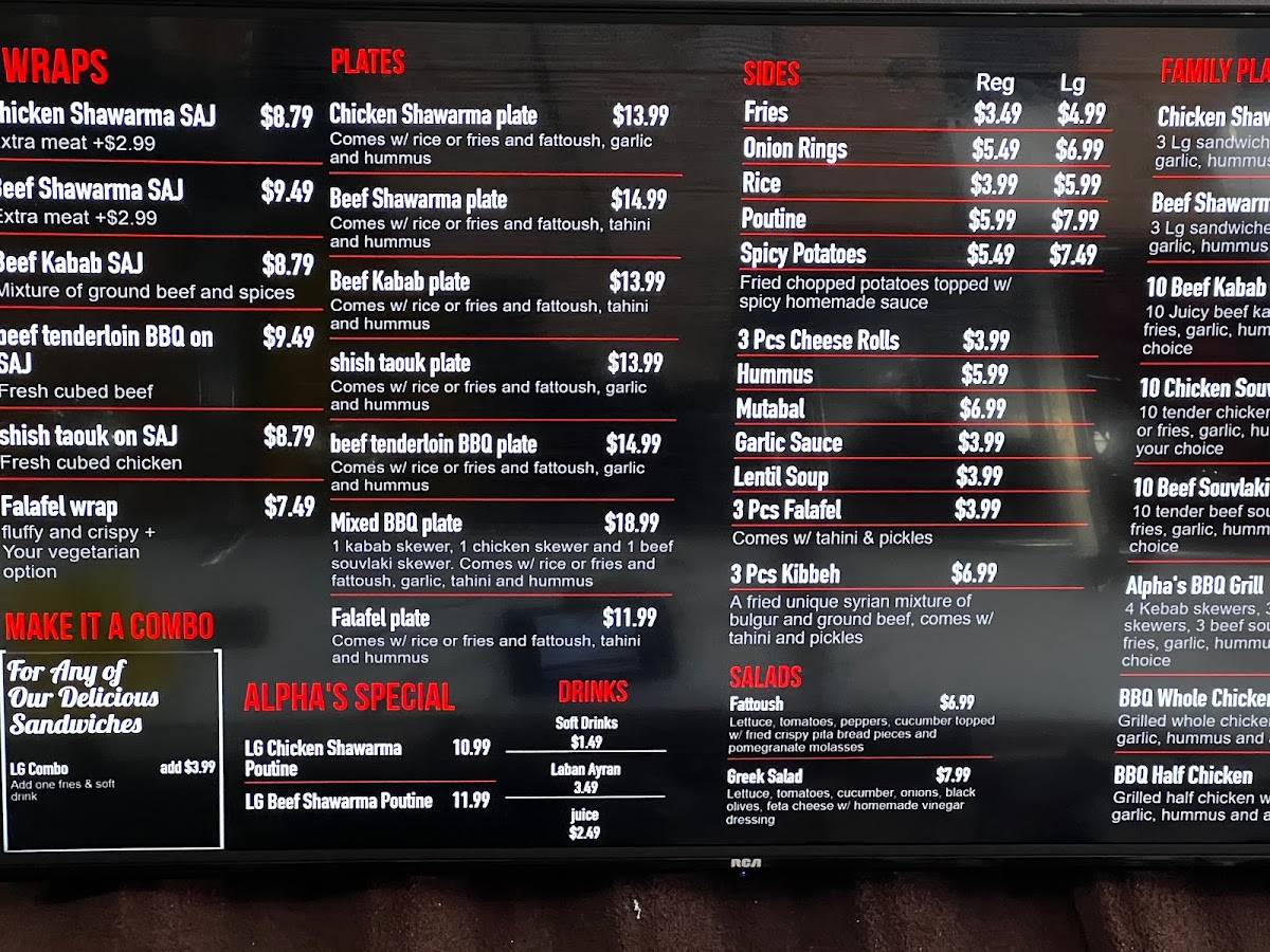 Menu at Alpha’s Shawarma restaurant, Toronto