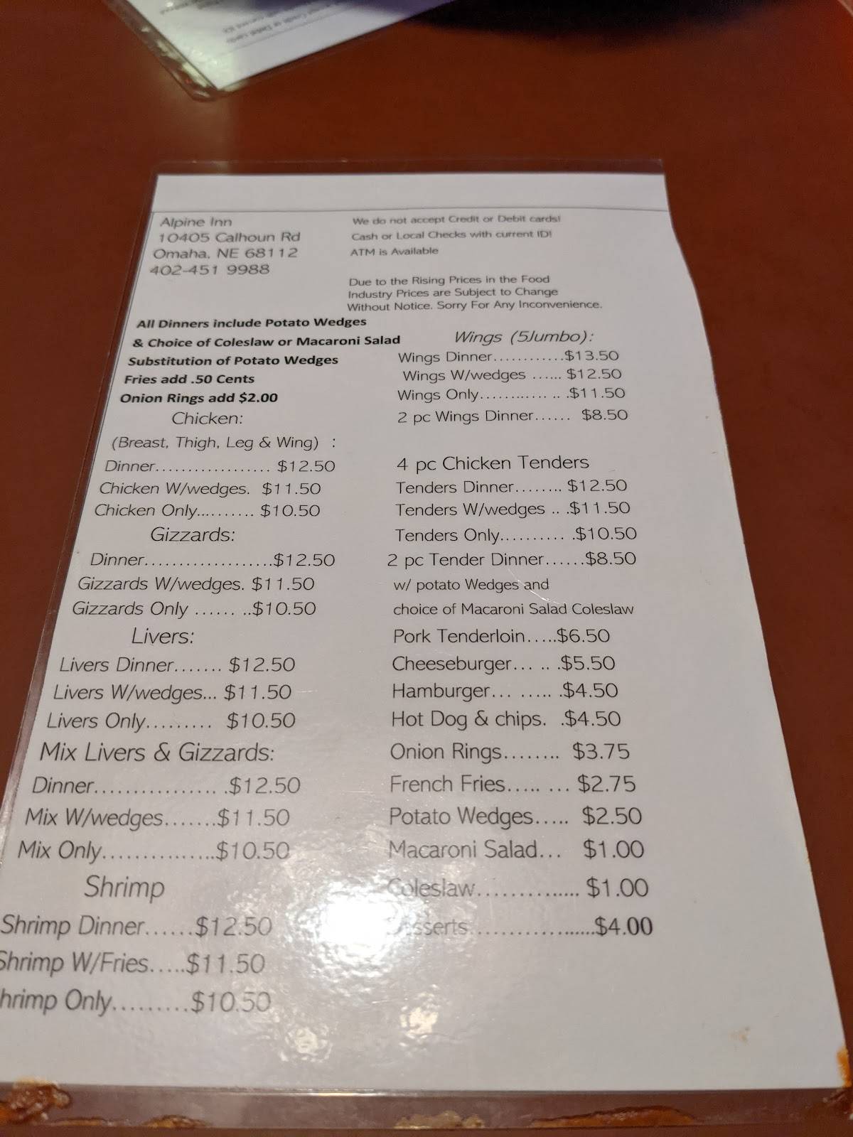 Menu at Alpine Inn pub & bar, Omaha