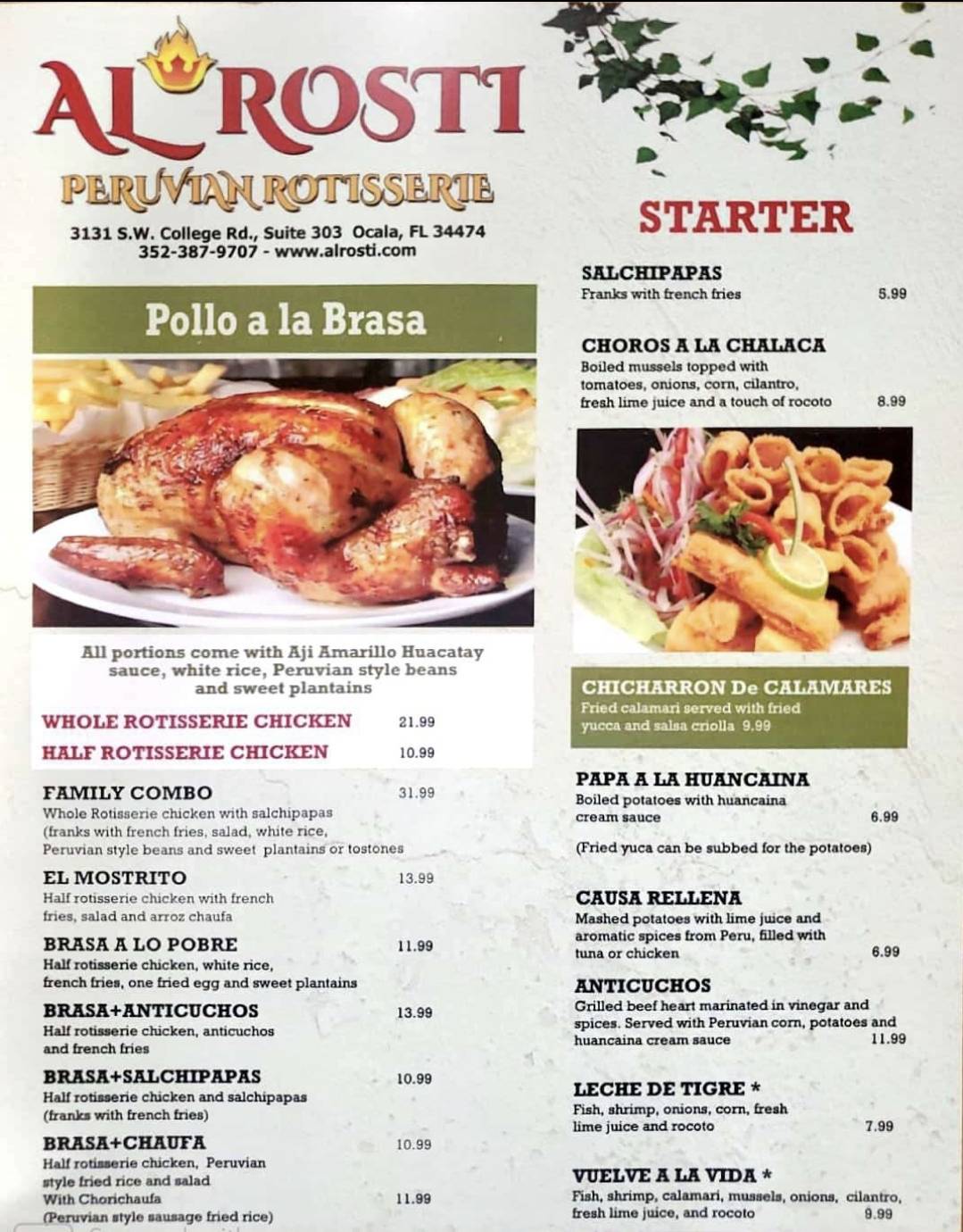 Menu at Al'rosti Peruvian Rotisserie restaurant, Ocala