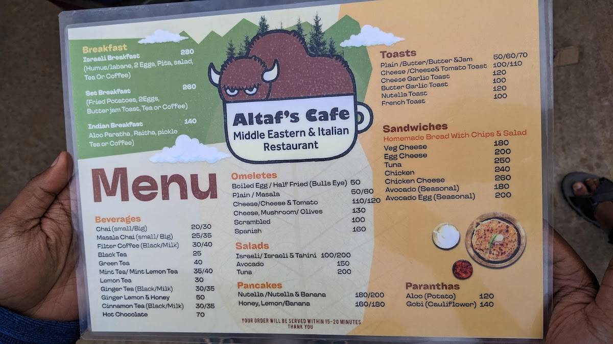 Menu at Altaf's Cafe, Kodaikanal