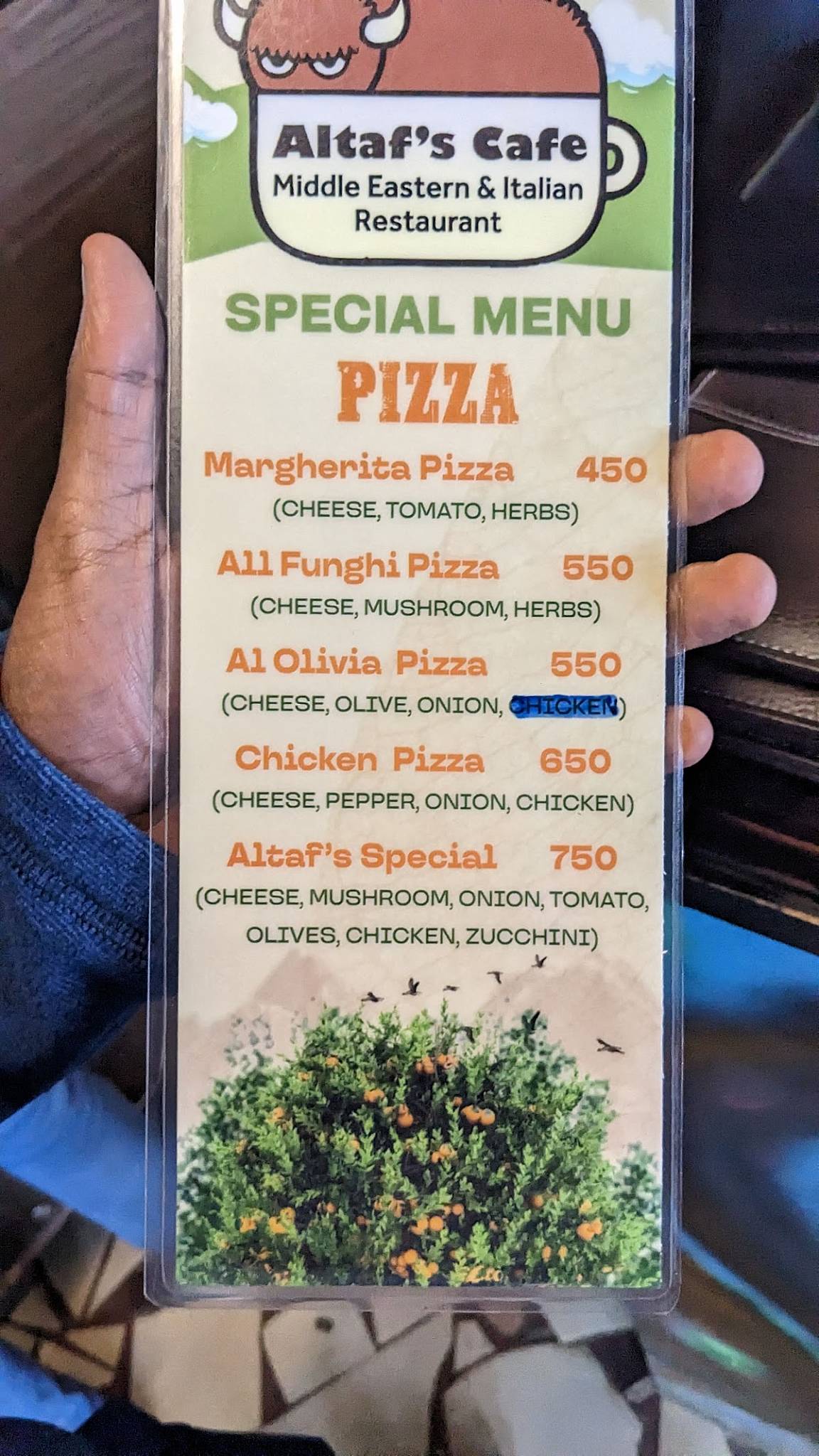 Menu at Altaf's Cafe, Kodaikanal