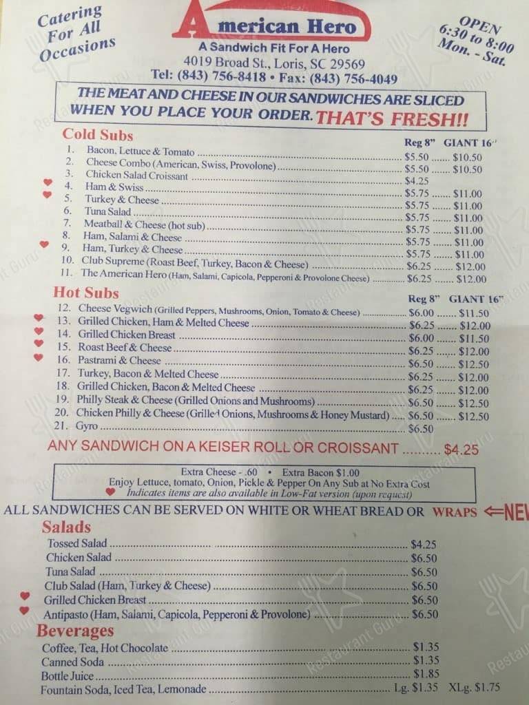 Menu at American Hero Subs & Bagels restaurant, Loris