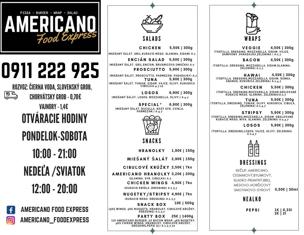 Menu at Americano Food Express restaurant, Chorvátsky Grob