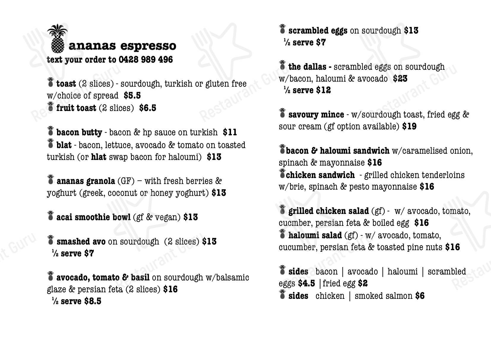 Menu at Ananas Espresso restaurant, Sherwood