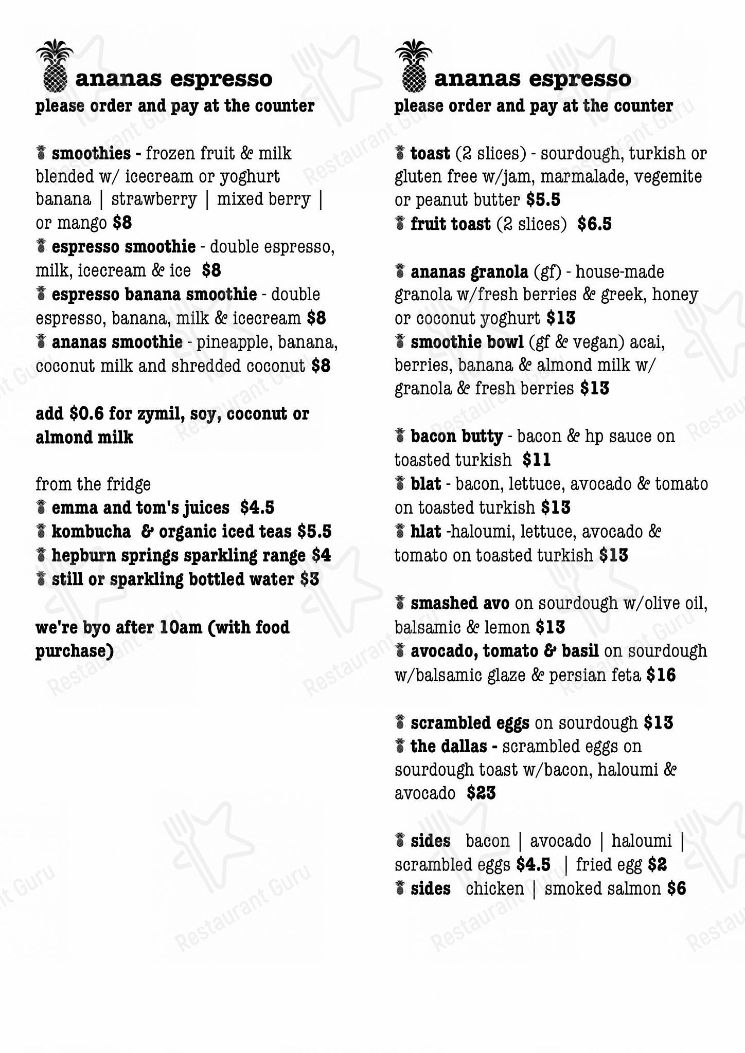 Menu at Ananas Espresso restaurant, Sherwood