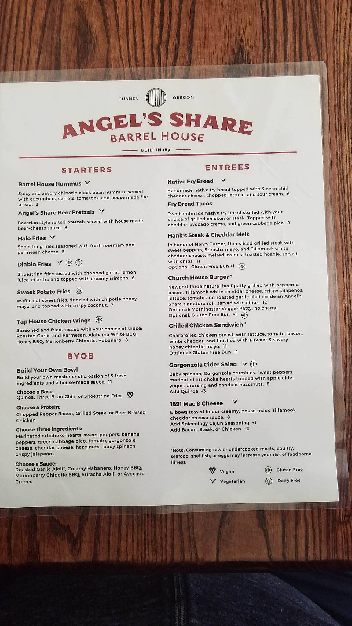 Menu at Angel's Share Barrel House, Turner