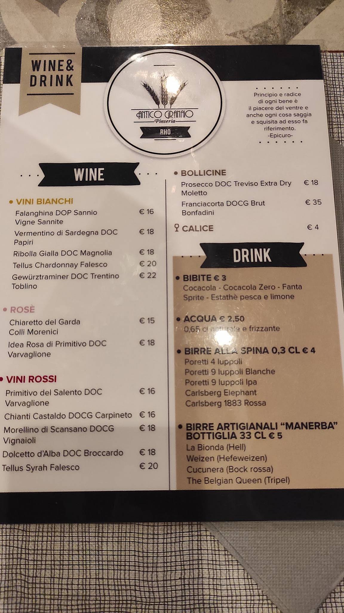 Menu da Antico Granaio La Pinseria ristorante, Rho