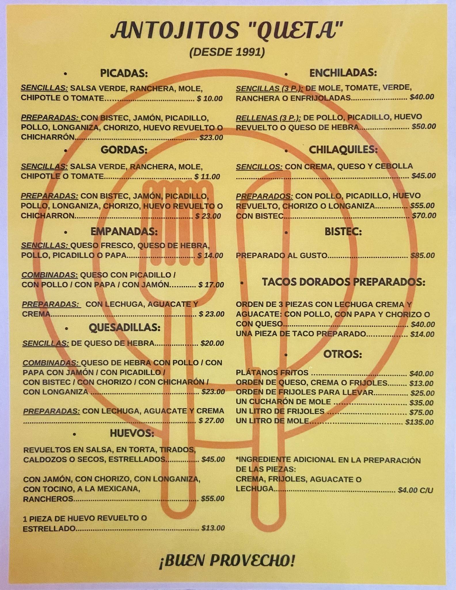 Menu at Antojitos Queta restaurant, Veracruz