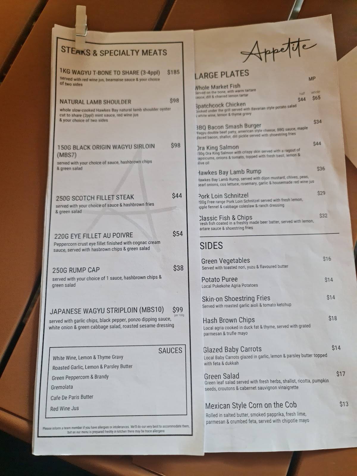 Menu at Appetite restaurant, New Zealand