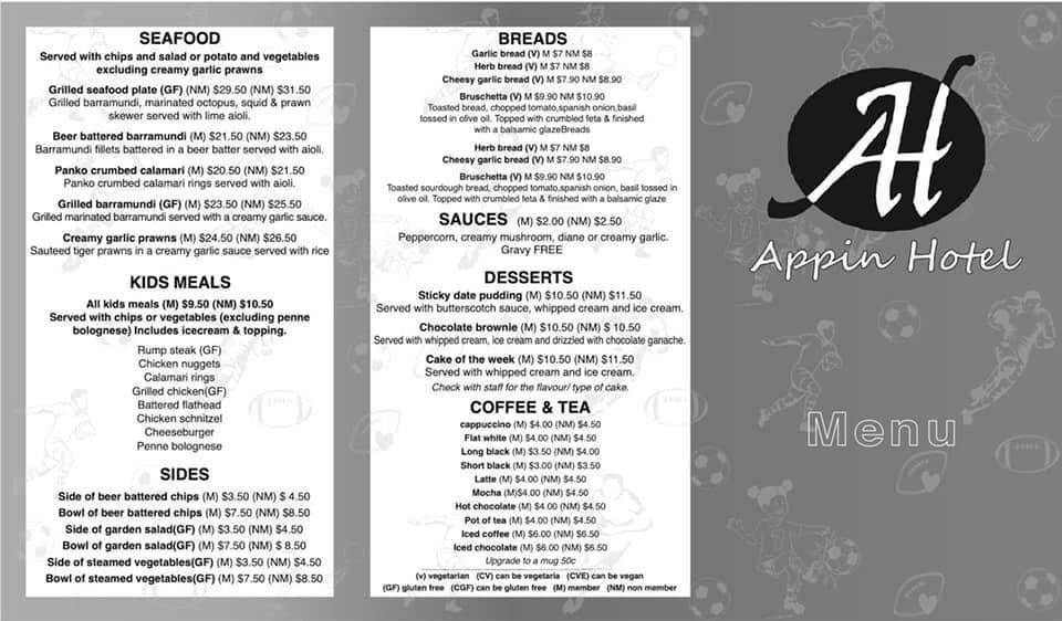 Menu at Appin Hotel pub & bar, Appin